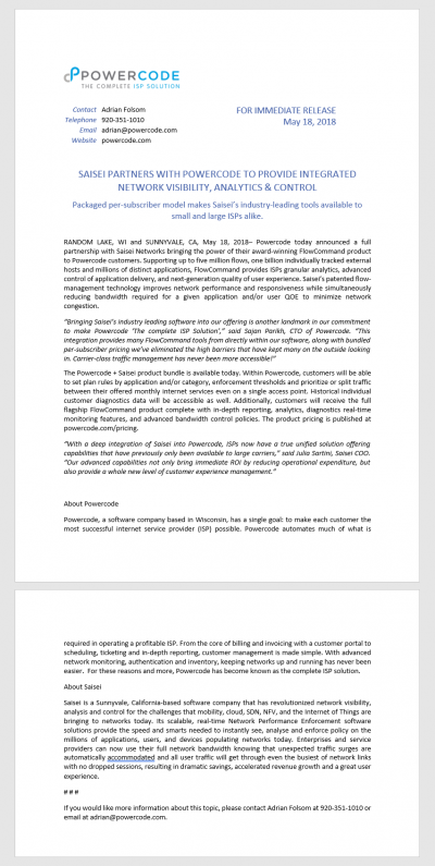 Press Release: Powercode + Saisei – Powercode